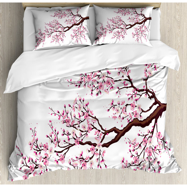 Ebern Designs Bettbezug Set, Sakura Zweig Blüten, Japan, Rosa Dunkelbraun | Wayfair.de